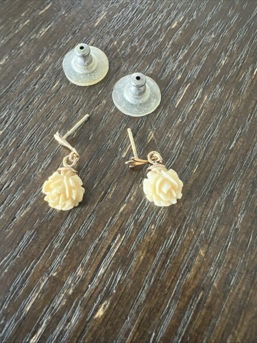 Celluloid Dangle Earrings Carved Rose Floral Flower Cream Gold Tone ...