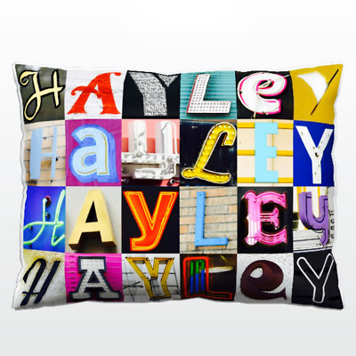Personalized Pillow featuring the name HAYLEY in photos of sign letters ...