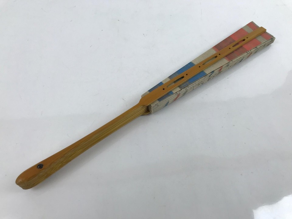 Japanese Folding Fan Sensu Vtg Bamboo Frame Red Blue Gold Waves Pattern ...