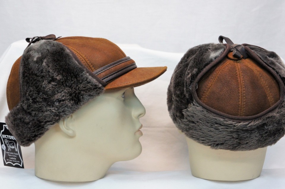 100% Sheepskin Shearling Leather Aviator Trapper Hunting Hat S-3XL ...