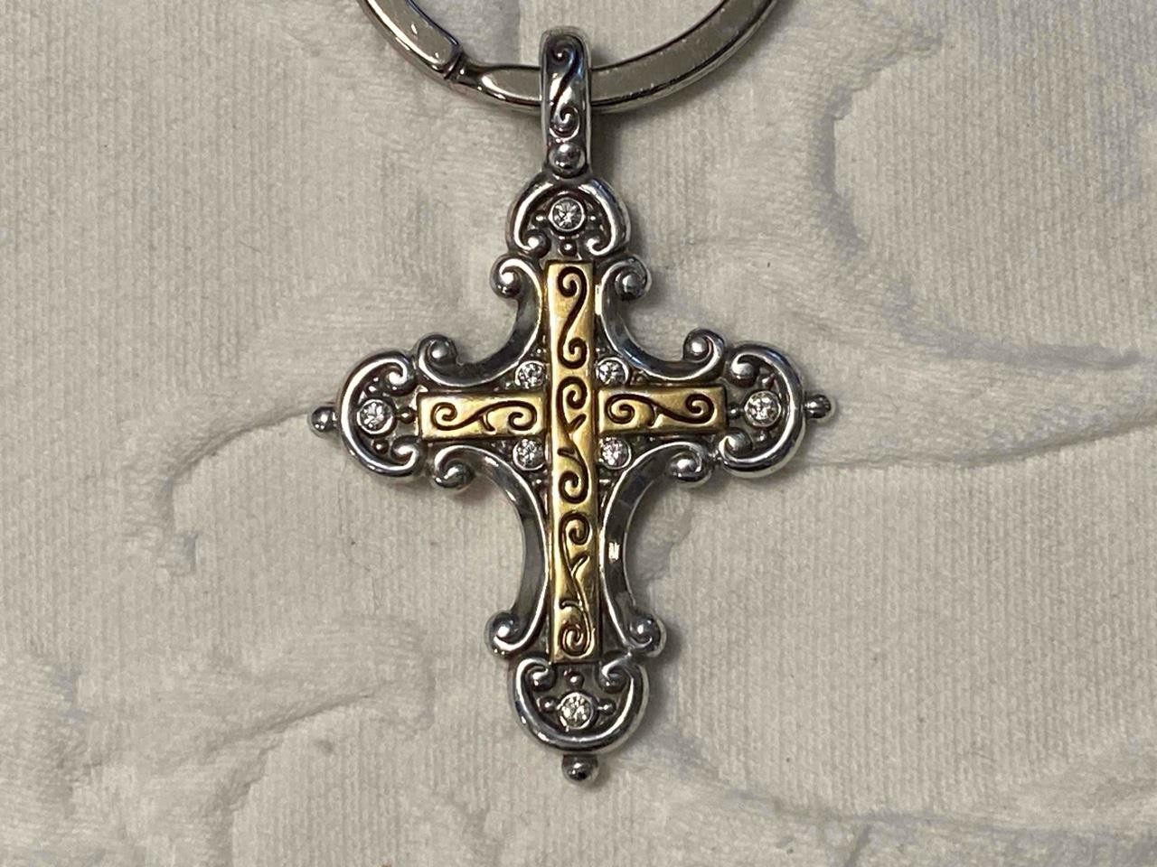 BRIGHTON Silver Crystal Gold Center Large Religious Cross Key Ring Key ...