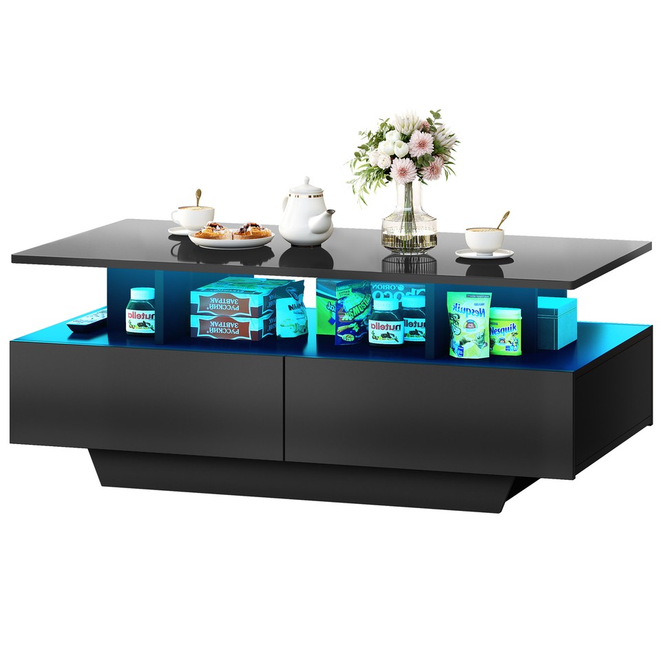 Black LED Coffee Table Modern High Gloss Center Table with Storage ...