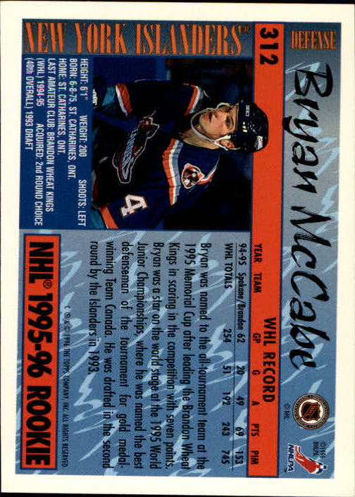 1995-96 Topps #312 Bryan McCabe New York Islanders NHL Hockey Card NM ...