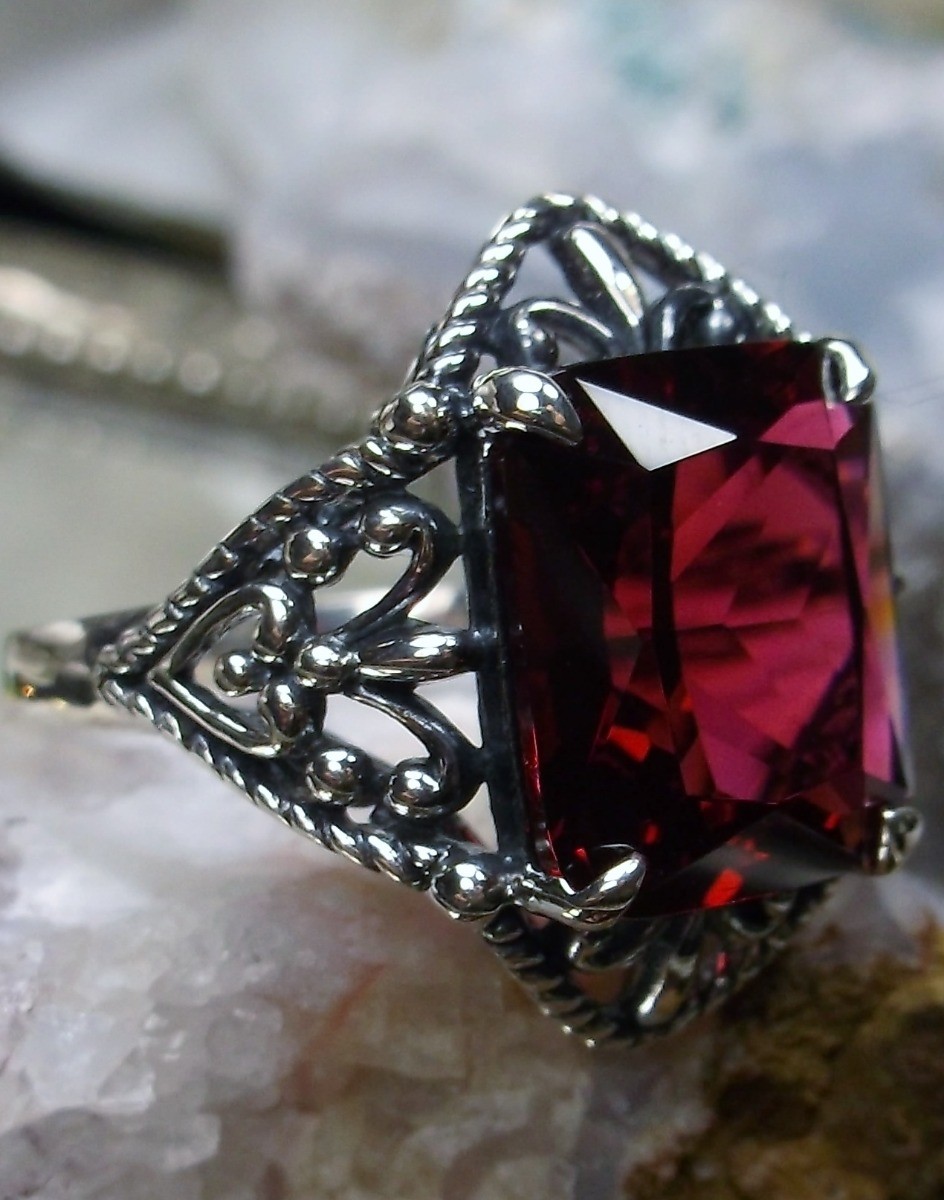 Ruby Ring, Simulated 4ct Gem, Silver Gothic Filigree (Custom-Made ...