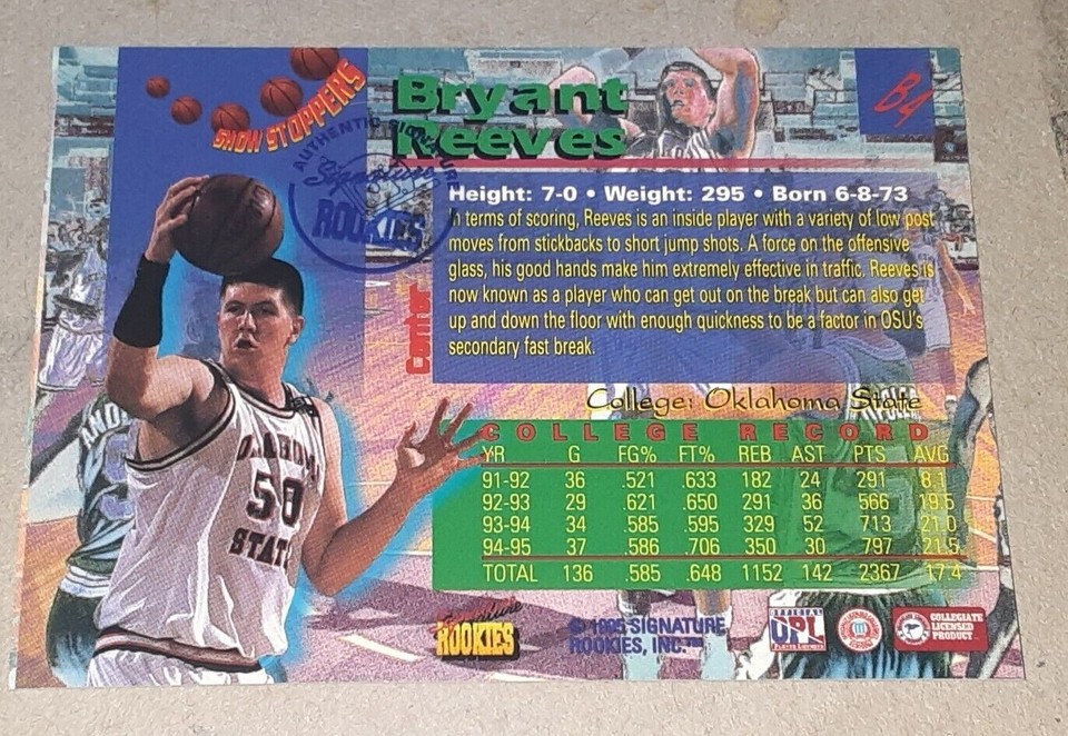 Bryant Reeves Oklahoma St Cowboys SIGNED 1995 Signature Rookie Show ...