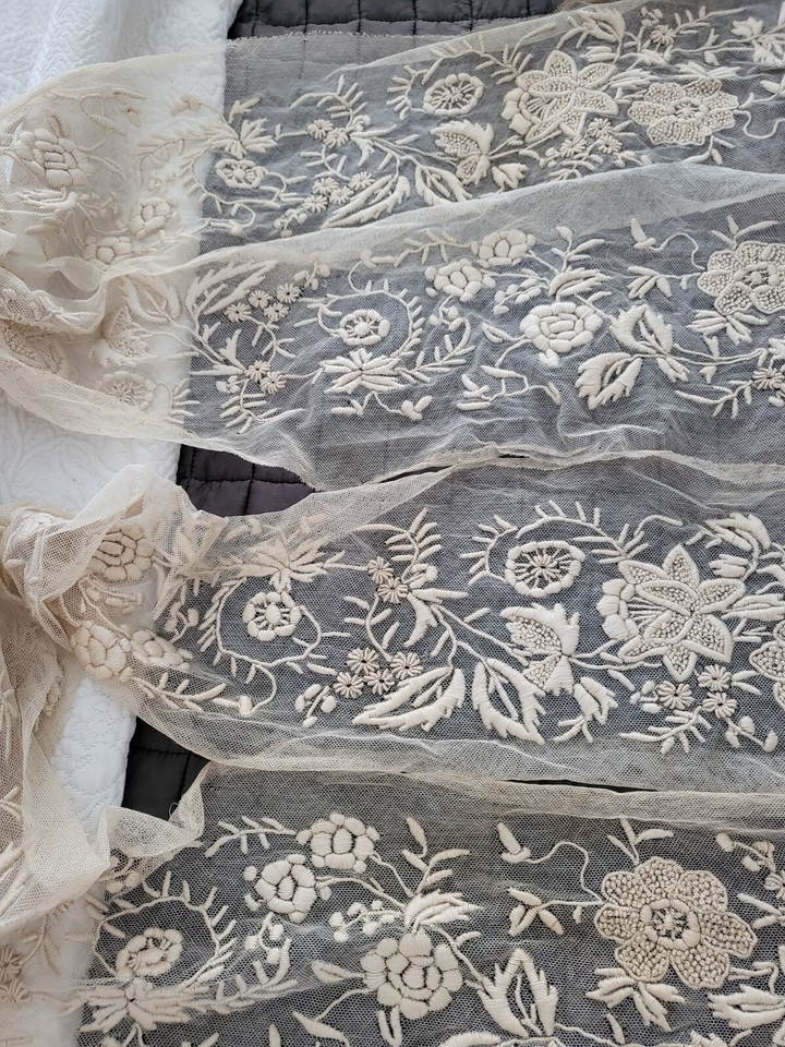 ANTIQUE EMBROIDERED LACE NET OLD STOCK WIDE YARDAGE 15ft. GORGEOUS 😍 | eBay
