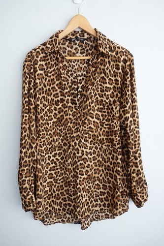 Zara Blouse Womens Large 12 14 Animal Print Leopard Sheer Pockets ...