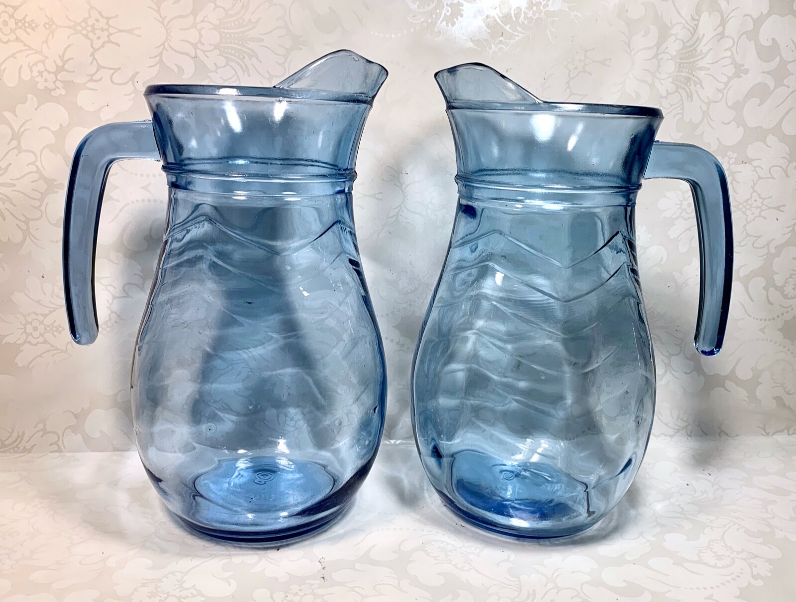 Set Of 2 Vintage Light Blue Glass Pitcher Pressed Wave Embossed Design ...