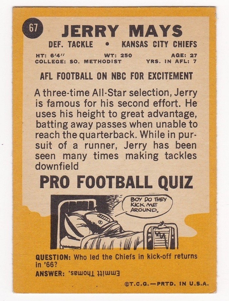 JERRY MAYS 1967 Topps Football # 67 Kansas City Chiefs Ex Plus | eBay