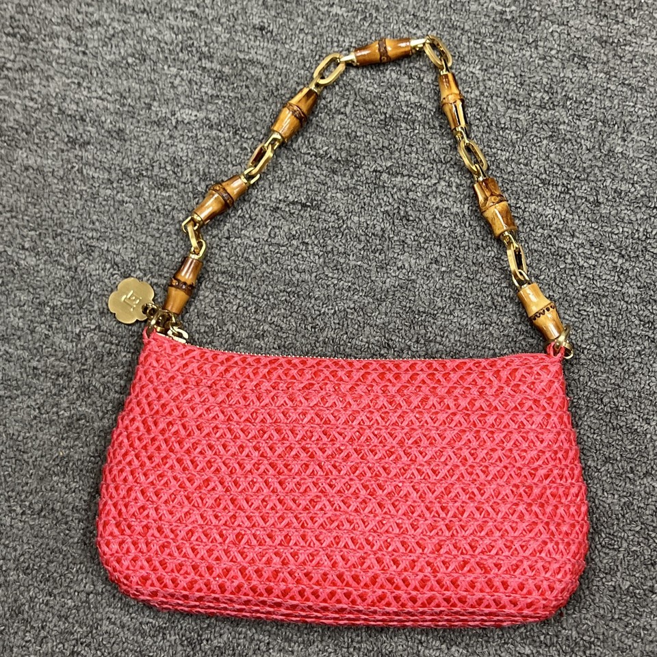 Eric Javits Handbag Pink Straw Pochette Bamboo Chain Shoulder Bag | eBay