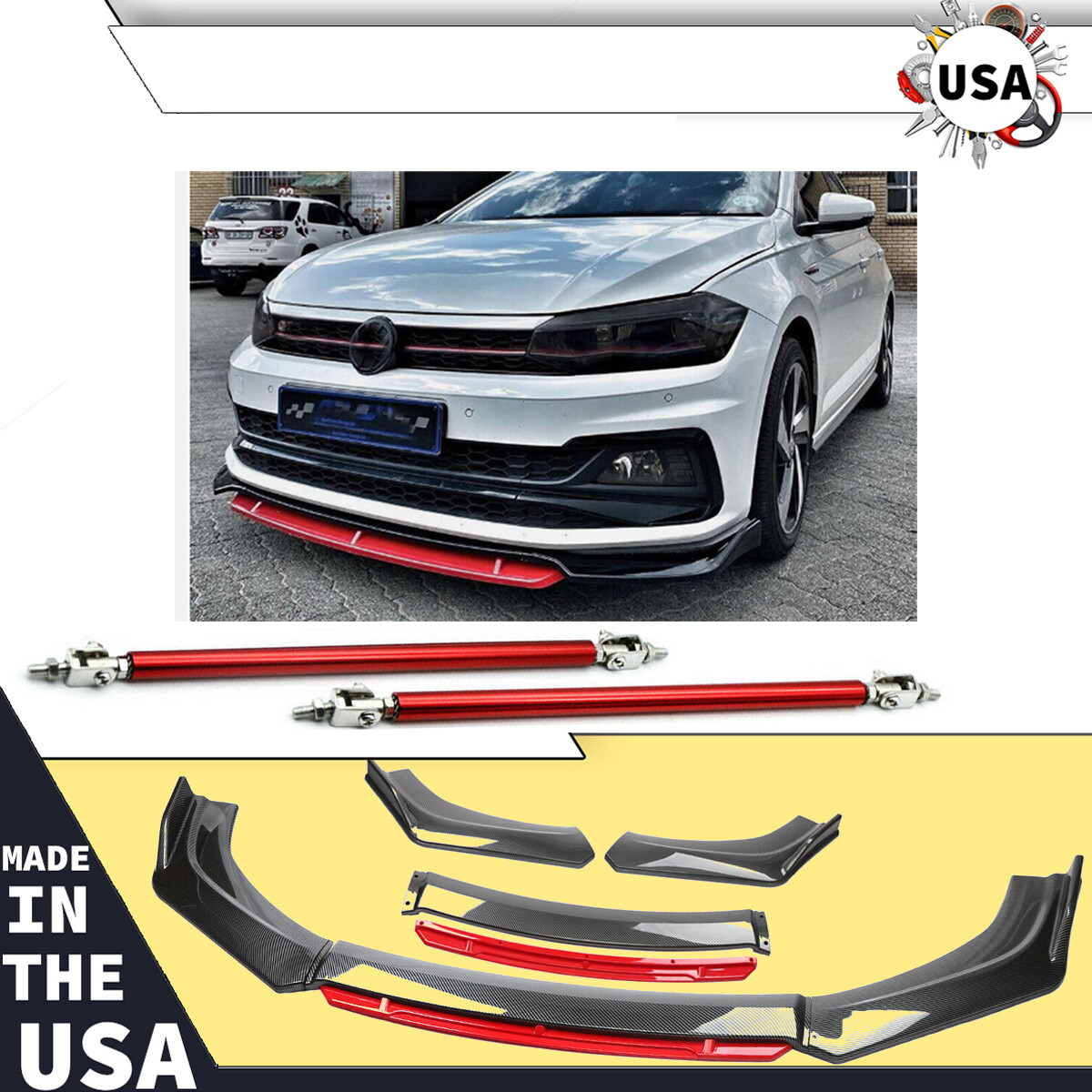 Front Bumper Lip Splitter Spoiler Body Kit Carbon Fiber Rods For VW ...
