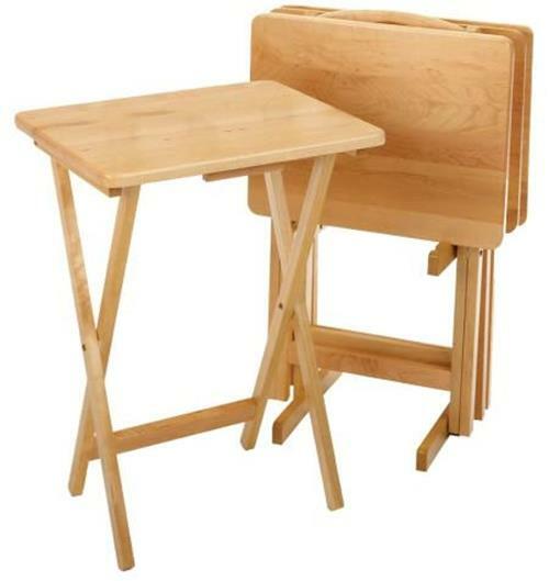 Natural 5-pc Wood TV Snack Tray Set Storage Stand Folding Portable ...