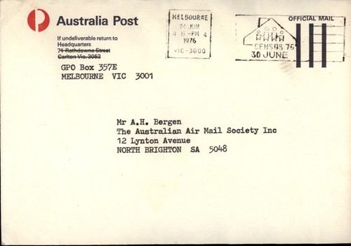 L0889 Australia Post 1976 Official Mail Melbourne postmark Census '76 ...