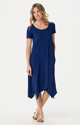 Cuddl Duds Women's, Flexwear Short Sleeve Handkerchief Hem Dress, Navy ...