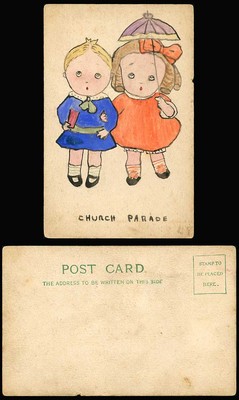 Little Girls Children Church Parade Genuine Hand Painted Old Art Drawn ...