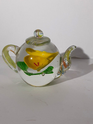 VINTAGE ART GLASS TEAPOT PAPER WEIGHT WITH FLOWER INSIDE 4" | eBay