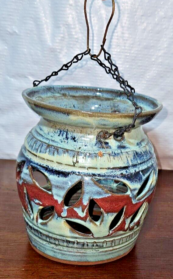 Hanging Artisan Pottery Lantern Glazed Blue Red Ceramic Handmade (read ...