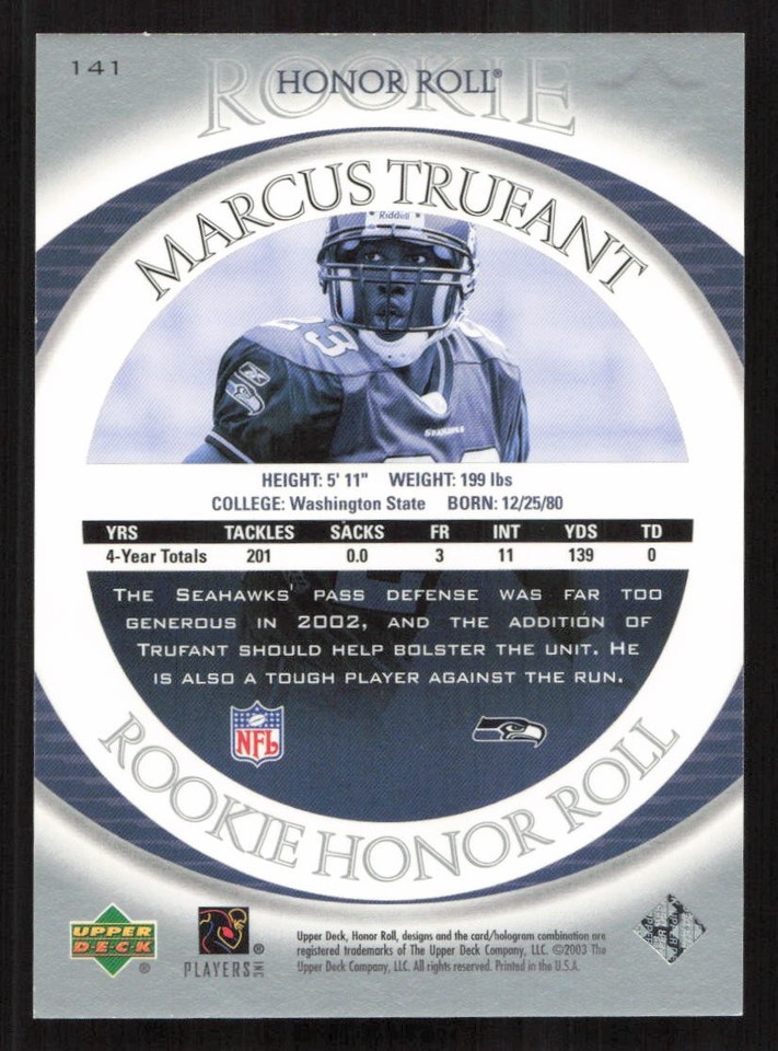 2003 Upper Deck Honor Roll Marcus Trufant #/2003 RC Rookie #141 Card | eBay