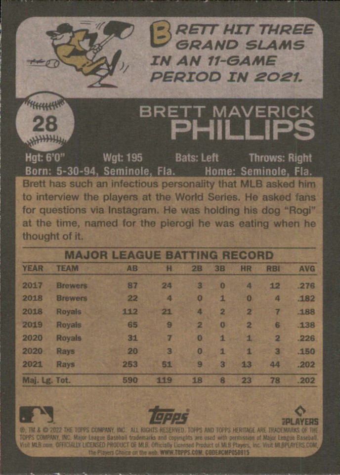 2022 Topps Heritage #28 Brett Phillips Tampa Bay Rays MLB Baseball Card ...