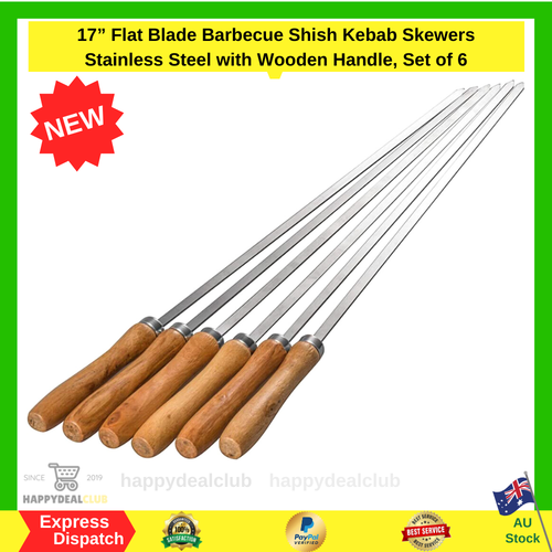17” Flat Blade Barbecue Shish Kebab Skewers Stainless Steel With Wooden ...