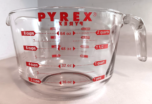 PYREX 8 CUP 64 OZ. GLASS MEASURING CUP MIXING BOWL RED LETTER MADE IN ...