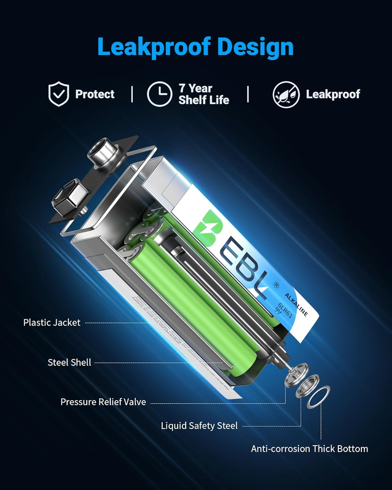 EBL 9V Alkaline Battery 6LR61 Batteries 9 Volt Ultra Long Lasting Leak ...