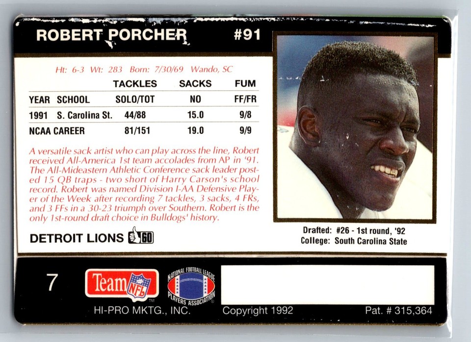 1992 Action Packed Rookie/Update Robert Porcher Rookie Detroit Lions RC ...