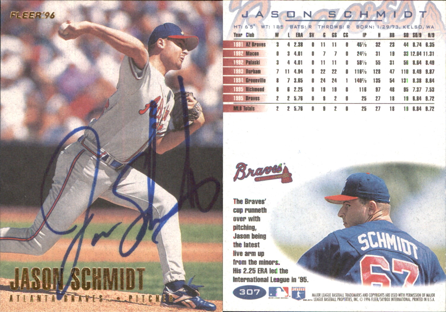 Jason Schmidt Signed 1996 Fleer #307 Card Atlanta Braves Auto AU | eBay