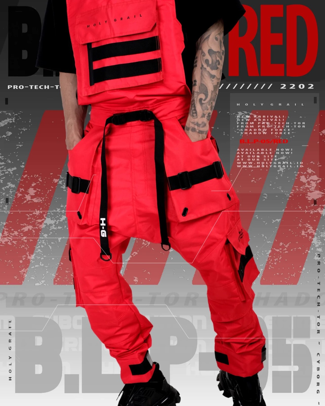 Men's Red Streetwear Techwear Heavy Cargo Trouser Pants Holygrail B.L.P ...