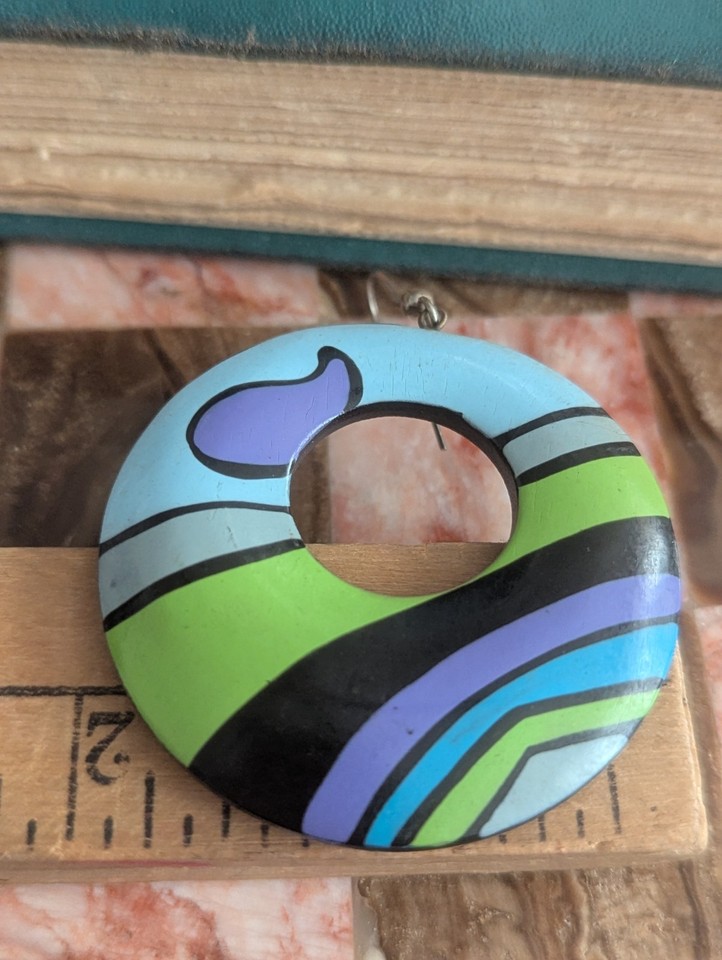 Vtg Painted Wood Disc Earrings Very Peter Max Psych Art Paisely Graphic ...