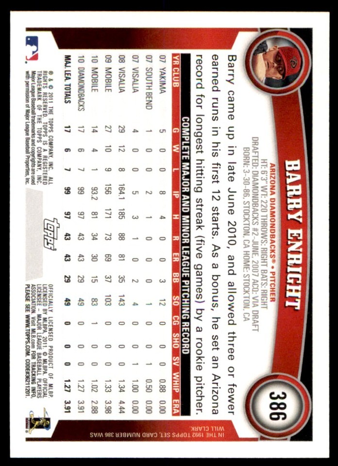 2011 TOPPS #386 BARRY ENRIGHT ARIZONA DIAMONDBACKS | eBay