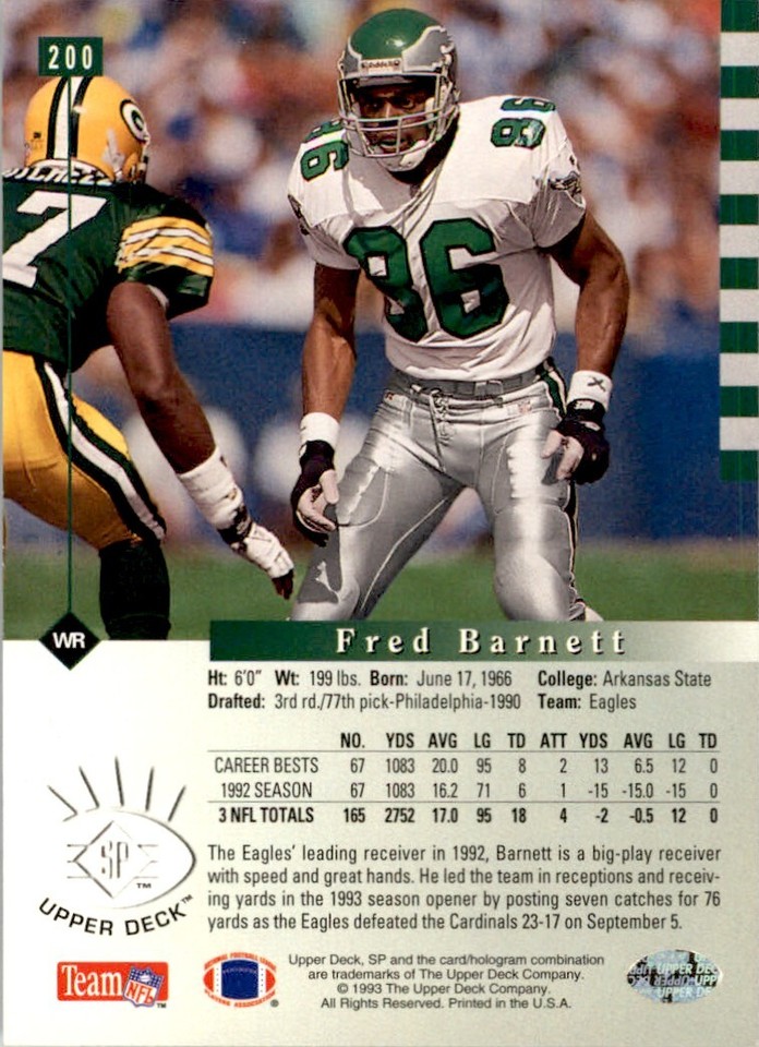 1993 Upper Deck SP Fred Barnett Philadelphia Eagles #200 Football Card ...