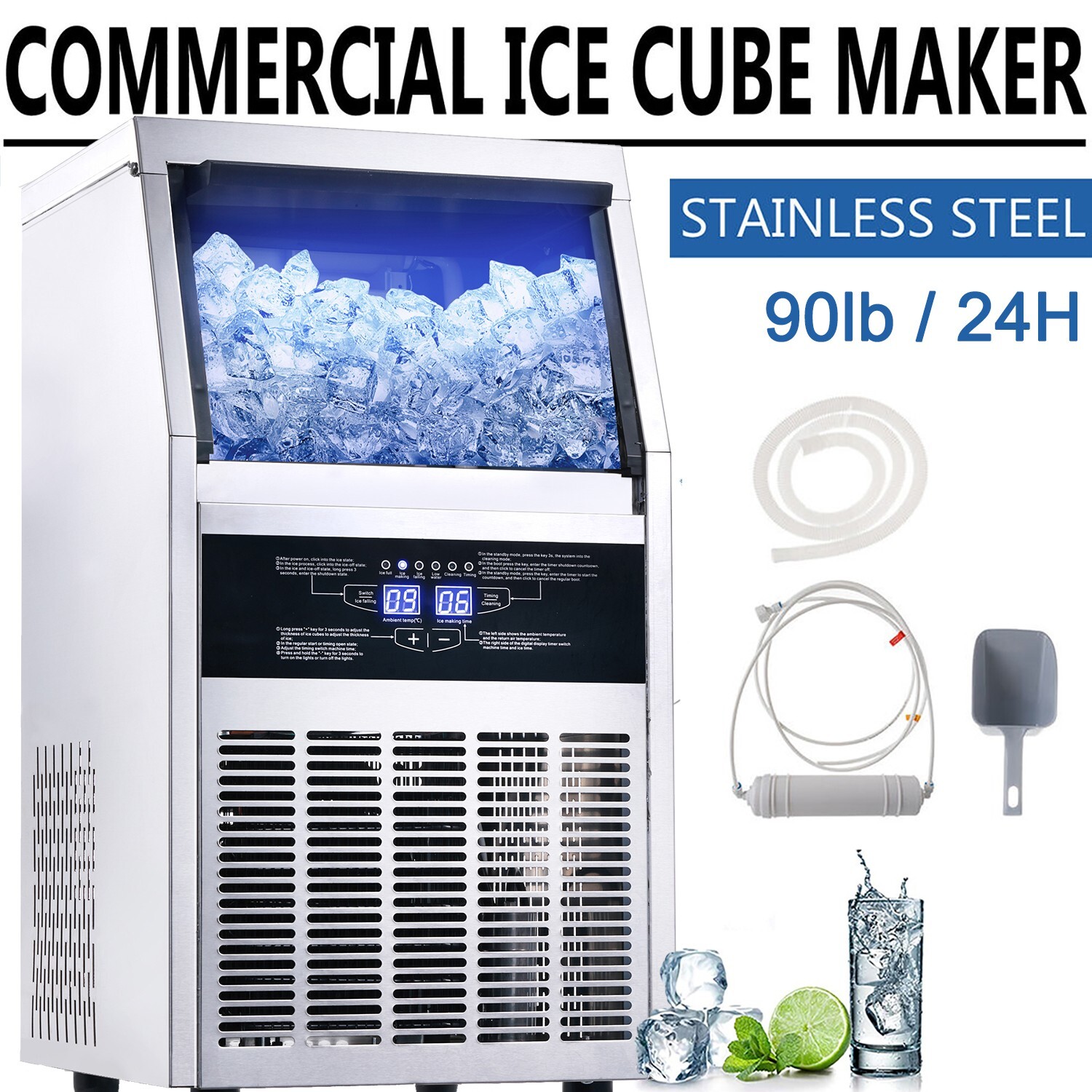 90Lbs Built-in Commercial Ice Maker Stainless Steel Restaurant Ice Cube ...