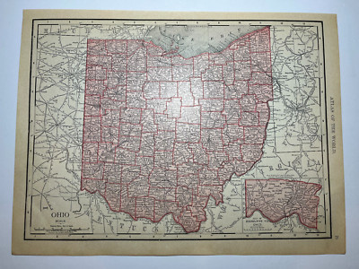 1911 OHIO RED State Map fm 1912 Rand McNally New Census Atlas SEE ...