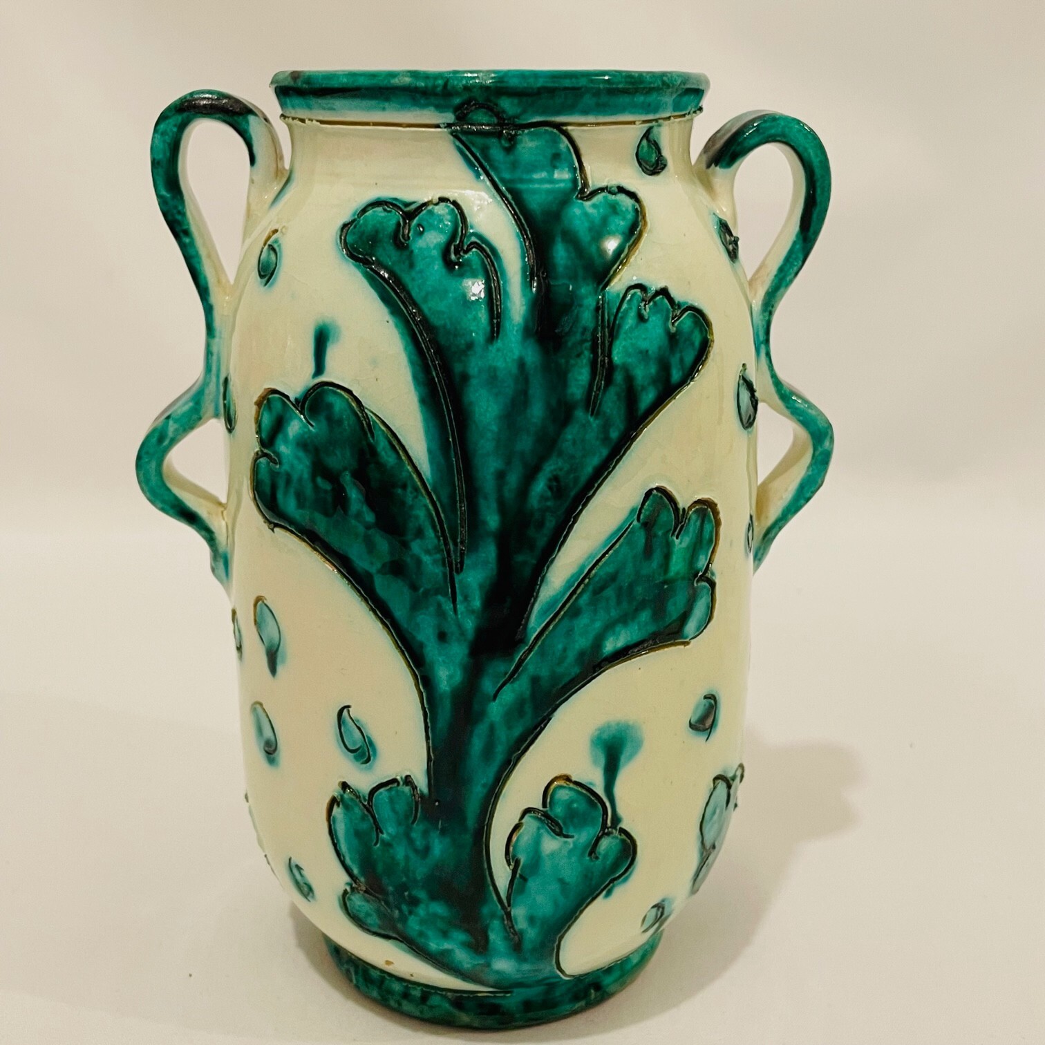 Hand Painted Studio Art 7" Green Leaf Pottery Vase Double Handle-Read | eBay