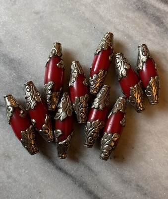 I pc Deluxe Tibetan Silver Handmade Red Copal Beads 35x10mm CC122 | eBay