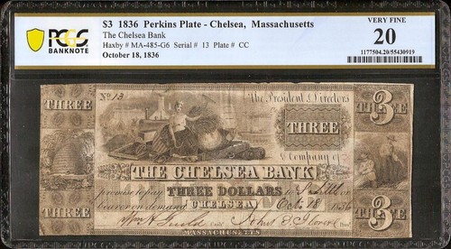 1836 $3 BILL No.13 CHELSEA MASSACHUSETTS BANK NOTE OLD PAPER MONEY PCGS ...