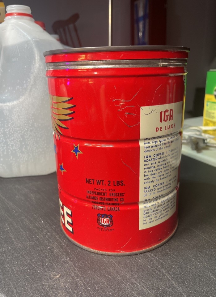2 Lb Vintage 1940s/50s keywind IGA Deluxe Coffee Can w/lid, Red w/Gold ...