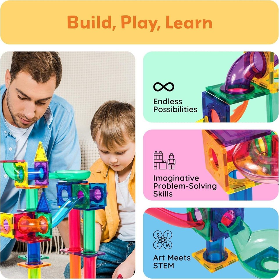100Pc Magnetic Marble Run Set with Racing Track Tiles Funnels Curved ...
