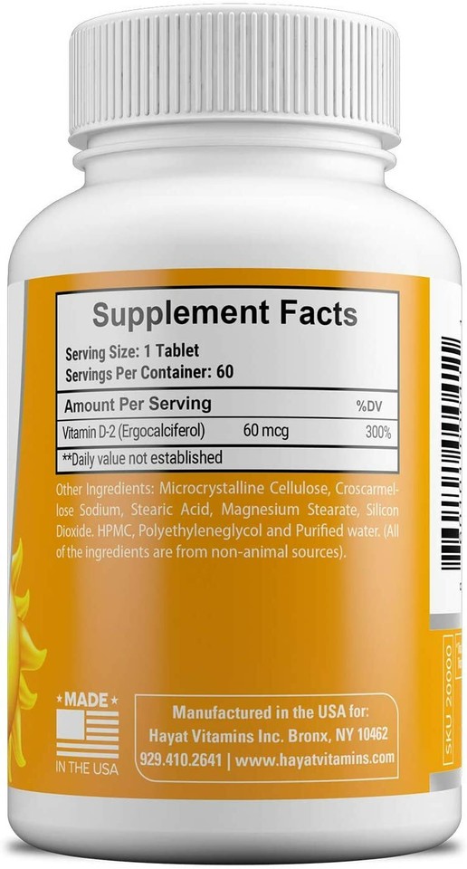 Hayat Vitamins Vegan Natural Vitamin D 2400 IU, D2, Certified Halal, 60 ...