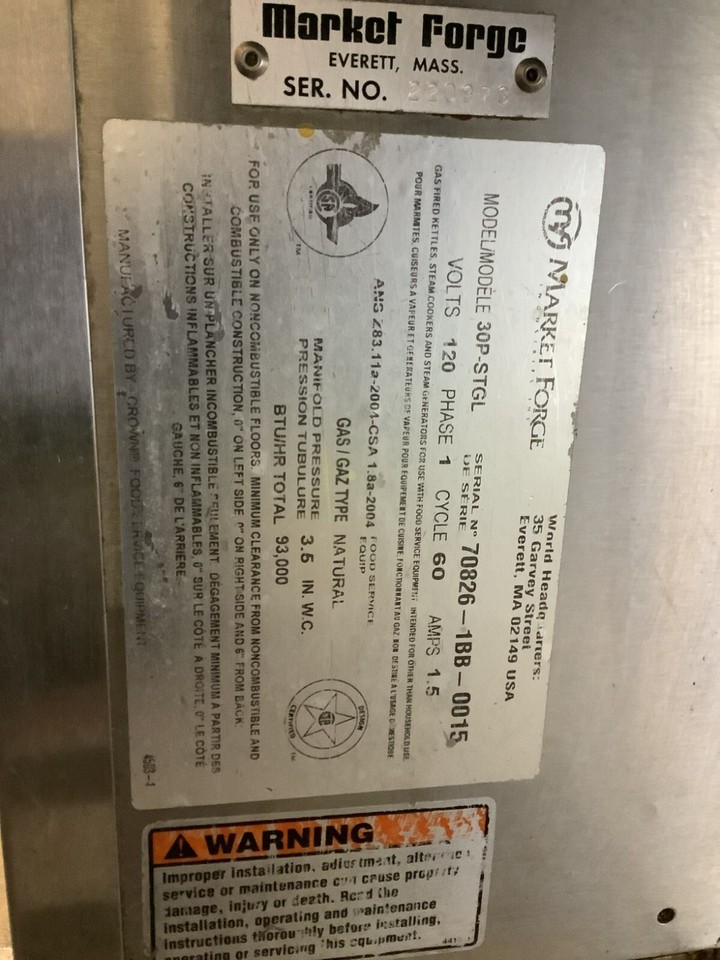 Tilting Skillet Market Forge 30P-STGL 30 gallon Nat. Gas Tested | eBay