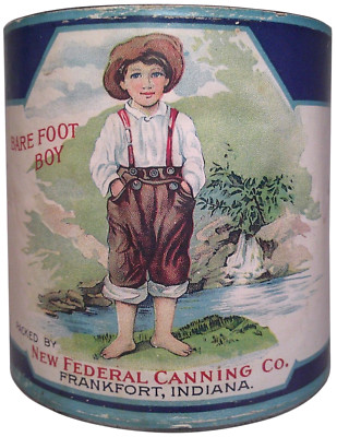 BARE FOOT BOY, NEW FEDERAL CANNING CO VINT C.1930'S PAPER LABELED TIN ...