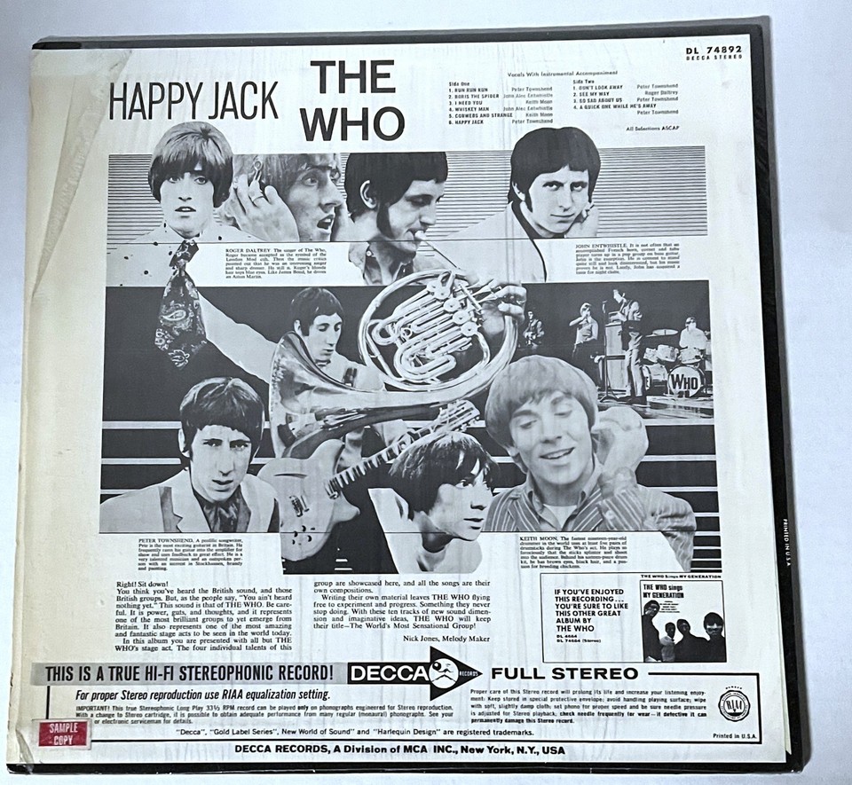 The Who-Happy Jack-ORIGINAL 1967 US STEREO PROMO LP-EX-Cover NM In ...