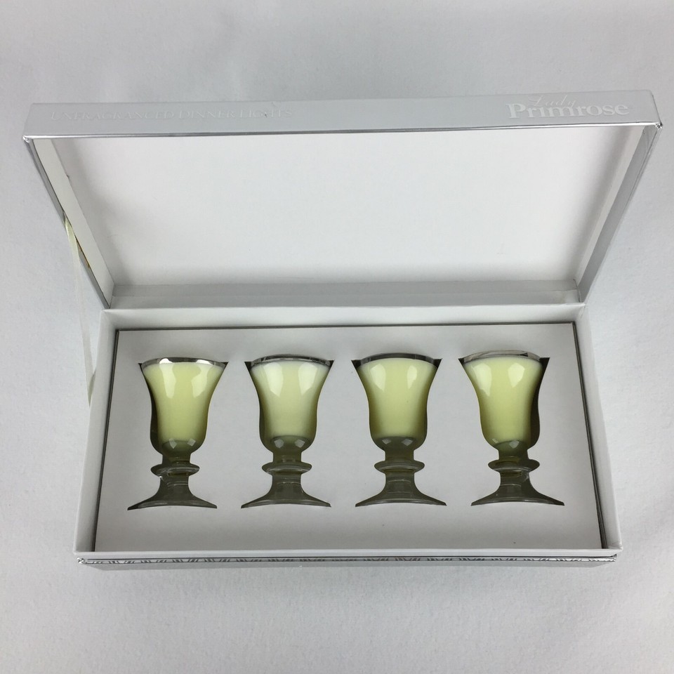 Lady Primrose Fragrance Free Dinner Lights Set of 4 Candles Silver Rim ...
