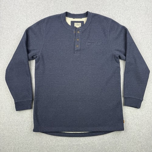 LL Bean Sweater Mens Large Tall LT Blue Waffle Knit Fleece Lined Henley ...