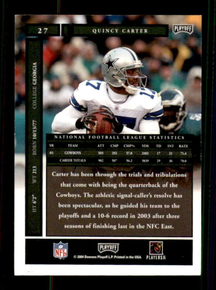 2004 Playoff Honors #27 Quincy Carter NY Jets 238365 | eBay