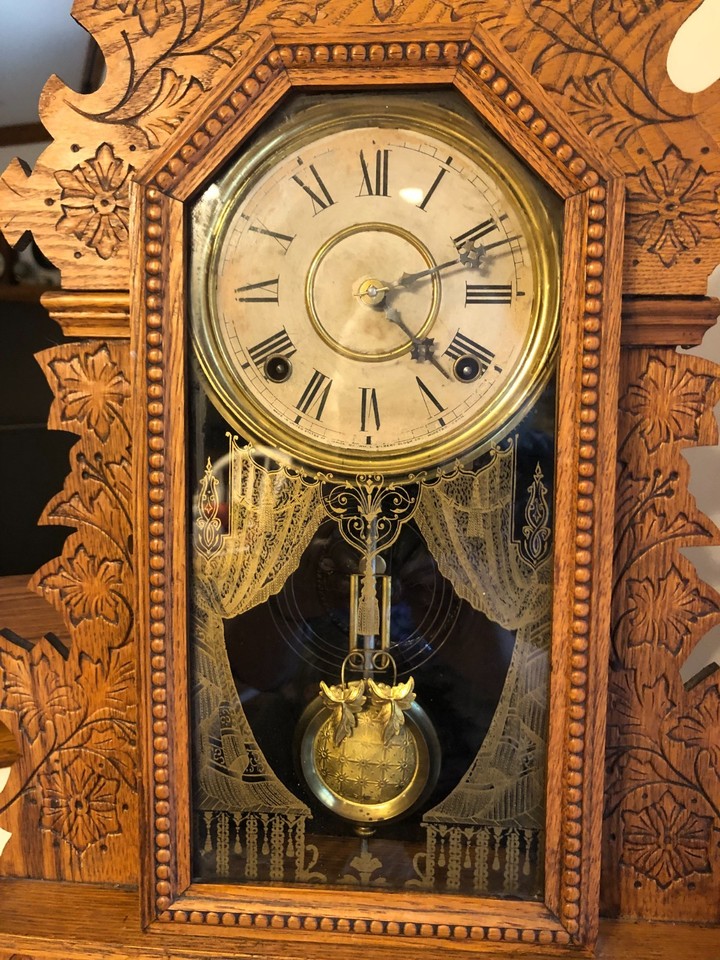 Antique W L Gilbert Parlor Mantle Clock w/ Etched Glass & Brass ...