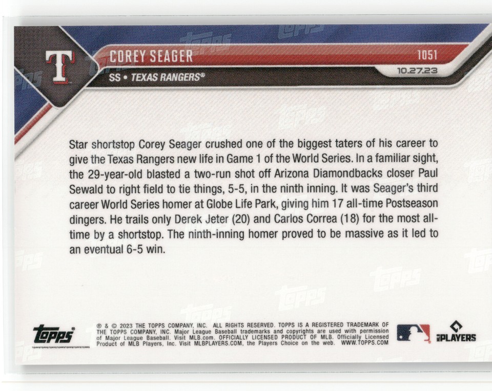 🟦 COREY SEAGER World Series HR in 9th 2023 Topps Now #1051 Rangers BLUE ...