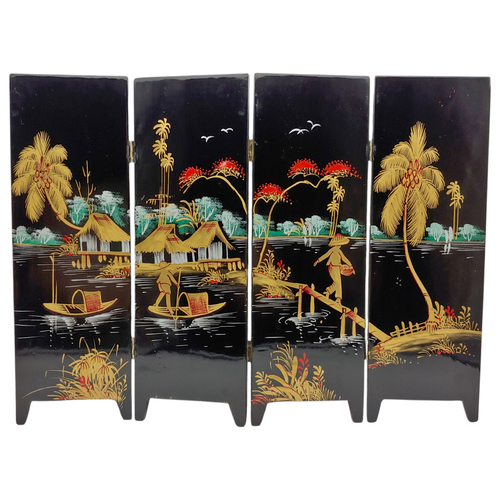 Hand Painted Vietnamese Folding Screen - 12x16 Miniature Black Lacquer ...