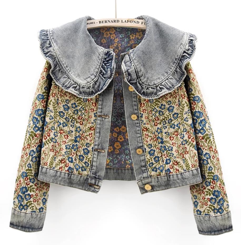 Women's Blue Denim Jean Jacket Big Lapel Collar Floral Decor Button ...